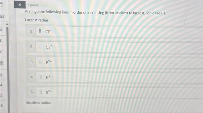 Solved 1 point Arrange the following ions in order of | Chegg.com