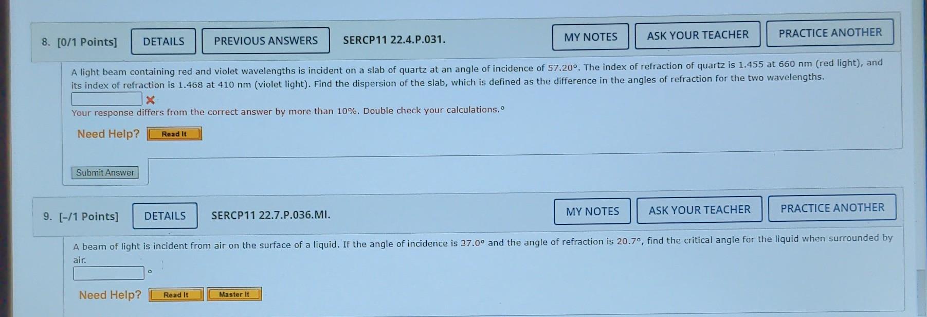Solved A light beam containing red and violet wavelengths is | Chegg.com
