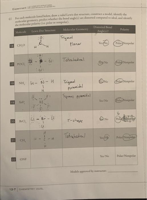 Solved CHEMISTRY 1515L EXPERIMENT 12 LEWIS DOT STRUCTURES | Chegg.com