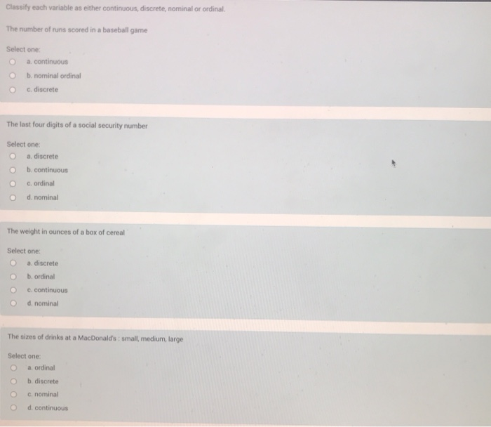 Solved Classify each variable as either continuous, | Chegg.com