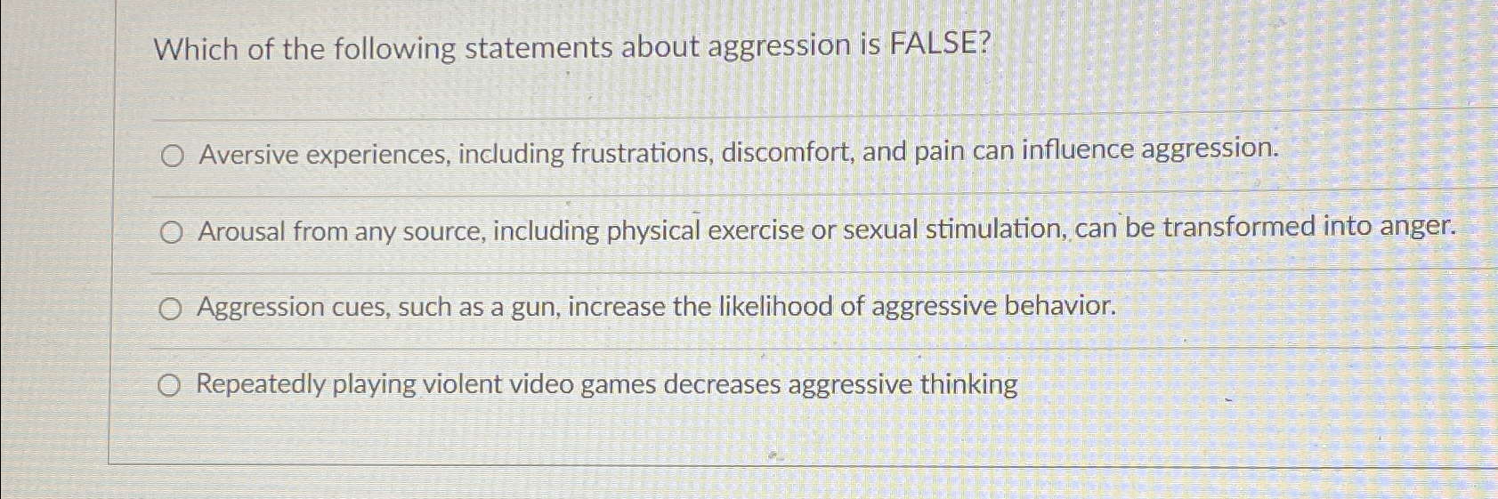 Solved Which of the following statements about aggression is | Chegg.com