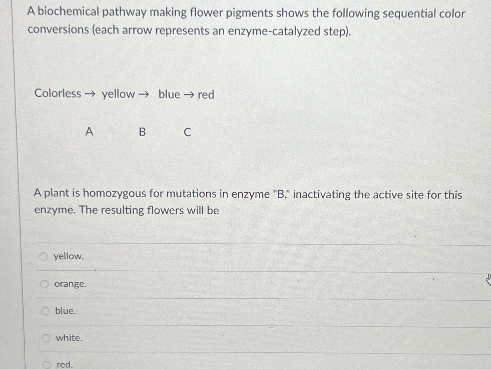 Solved A biochemical pathway making flower pigments shows | Chegg.com