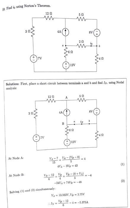 Solved 10. Find io using Norton's Theorem. At Node A: 3 Ω. | Chegg.com