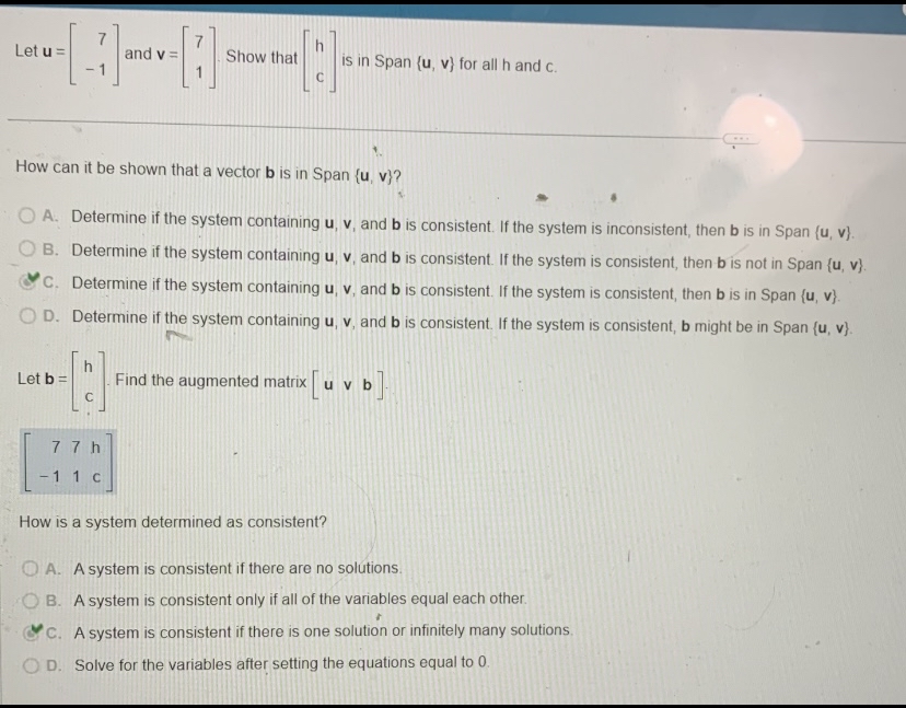 Solved Let u=[7-1] ﻿and v=[71]. ﻿Show that [hc] ﻿is in Span | Chegg.com