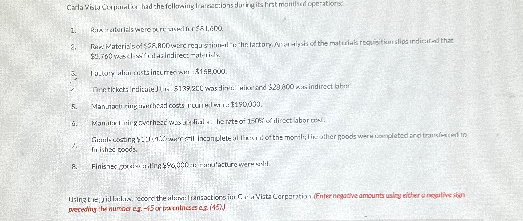Solved Carla Vista Corporation had the following | Chegg.com
