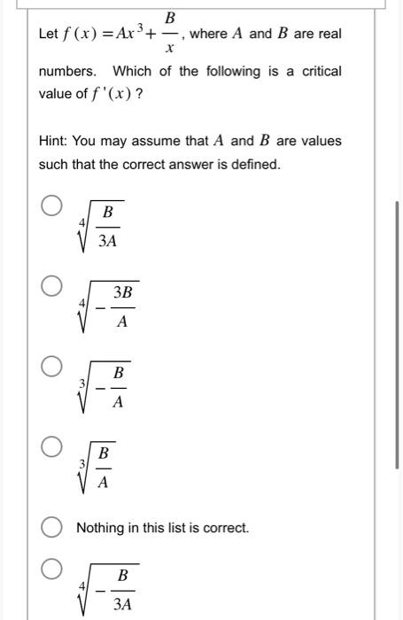 Solved Let f(x)=Ax3+xB, where A and B are real numbers. | Chegg.com