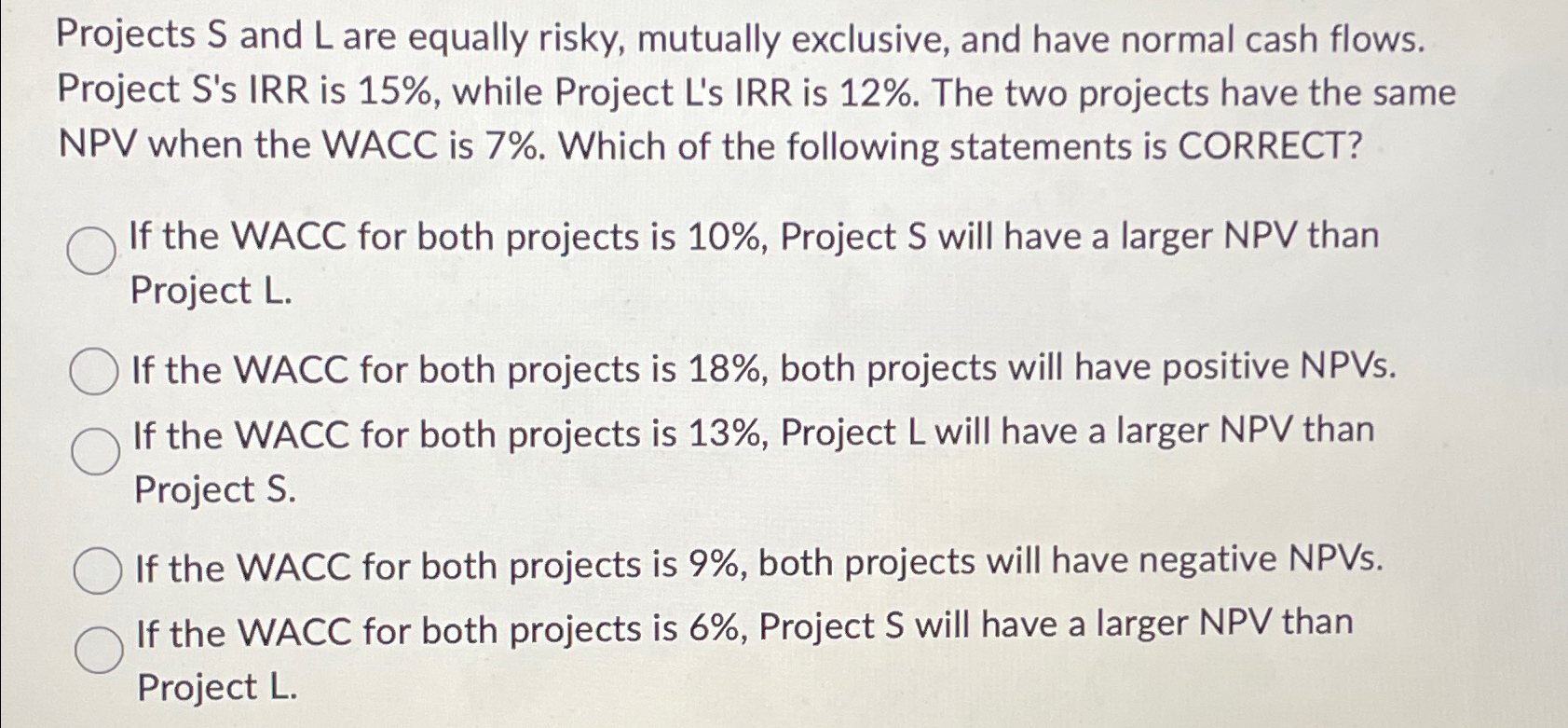 Solved Projects S ﻿and L ﻿are equally risky, mutually | Chegg.com