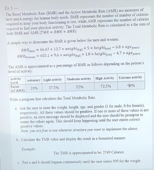 Solved Ex 1 - The Basal Metabolic Rate (BMR) and the Active | Chegg.com