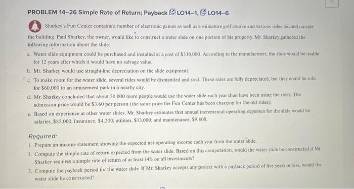 Solved PROBLEM 14-26 Simple Rate of Return; Payback [014-1, | Chegg.com