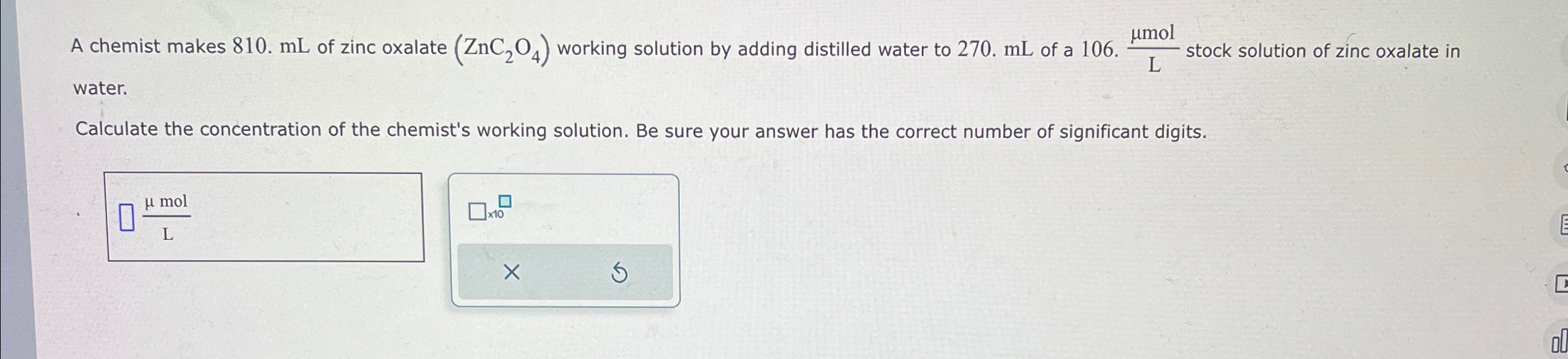 Solved A chemist makes 810.mL ﻿of zinc oxalate (ZnC2O4) | Chegg.com