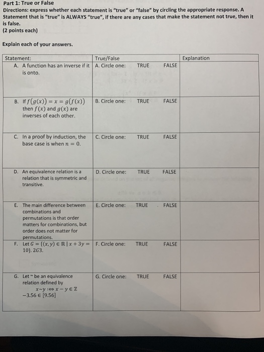 Solved Part 1: True or False Directions: express whether | Chegg.com