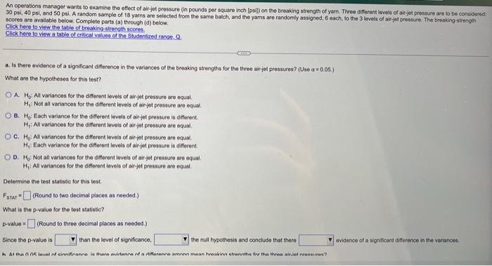 Solved An operations manager wants to oxamine the effect of | Chegg.com