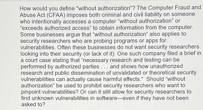 Solved How would you define "without authorization"? The | Chegg.com