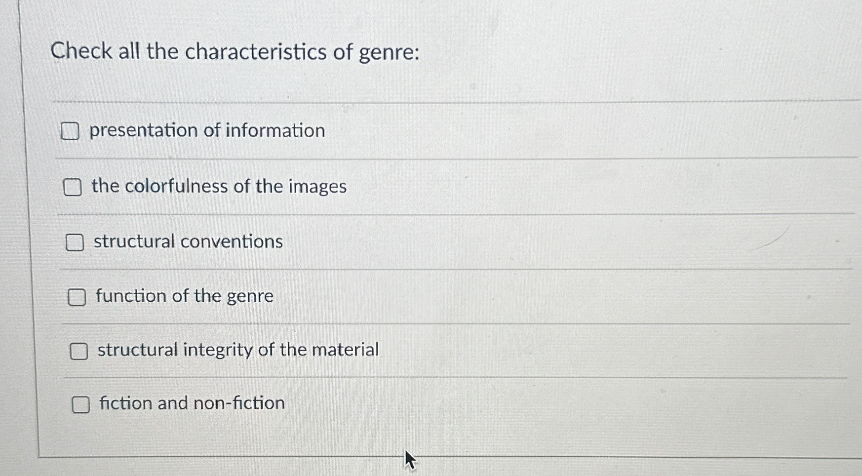 Solved Check all the characteristics of genre:presentation | Chegg.com