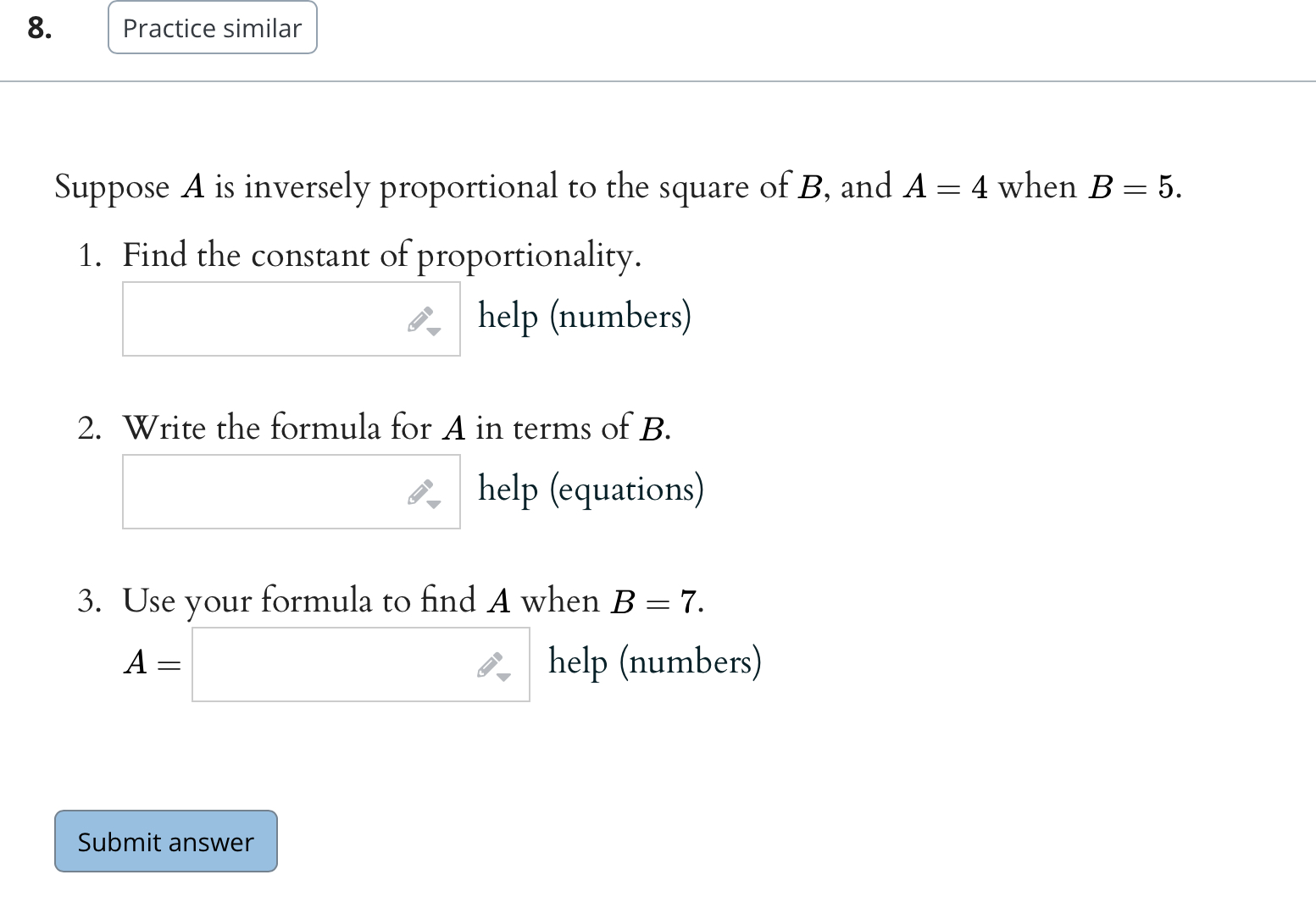 Solved Suppose A ﻿is inversely proportional to the square of | Chegg.com
