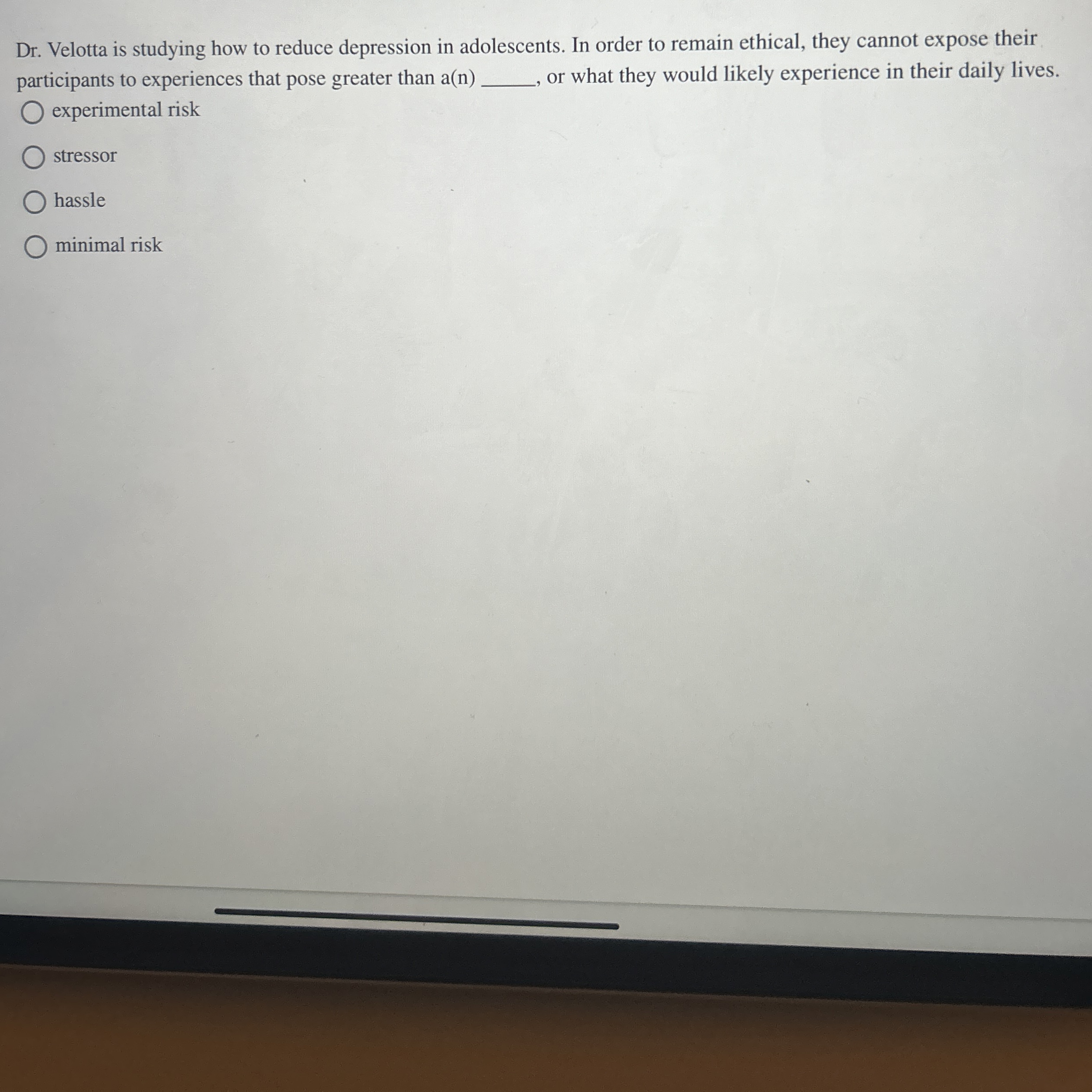 Solved Dr. ﻿Velotta is studying how to reduce depression in | Chegg.com