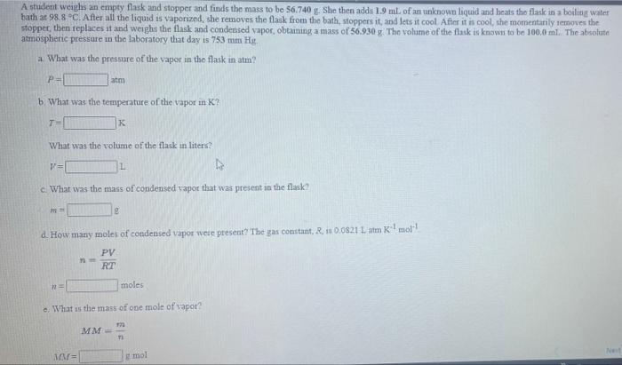 Solved A student weighs an empty flask and stopper and finds | Chegg.com
