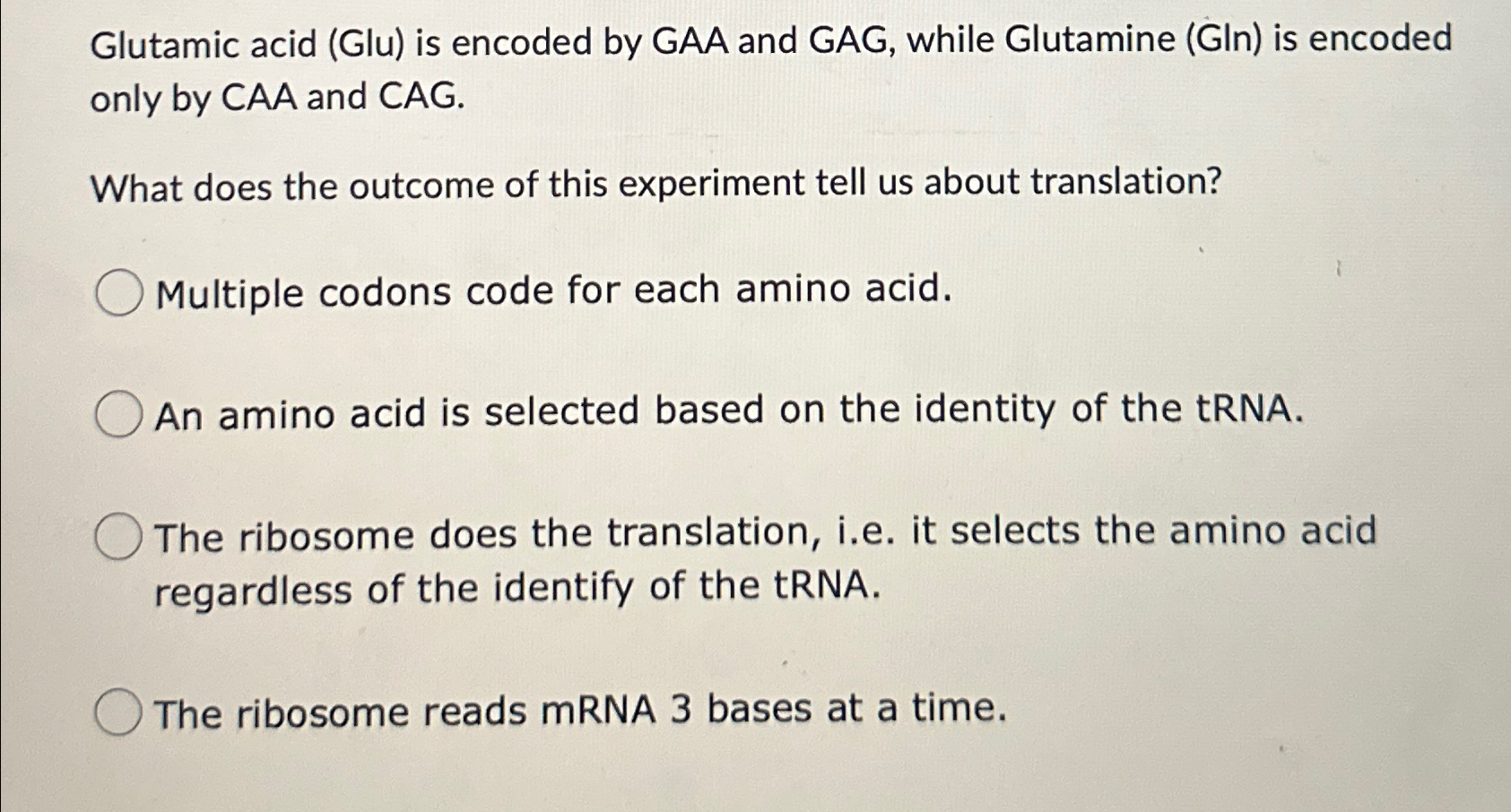 Solved Glutamic acid (Glu) ﻿is encoded by GAA and GAG, while | Chegg.com