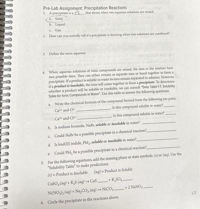Solved Pre-Lab Assignment: Precipitation Reactions 1. A | Chegg.com