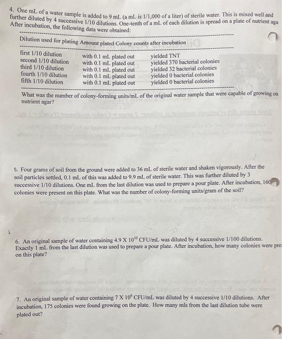 Solved 4. One mL of a water sample is added to 9 mL (a mL is | Chegg.com