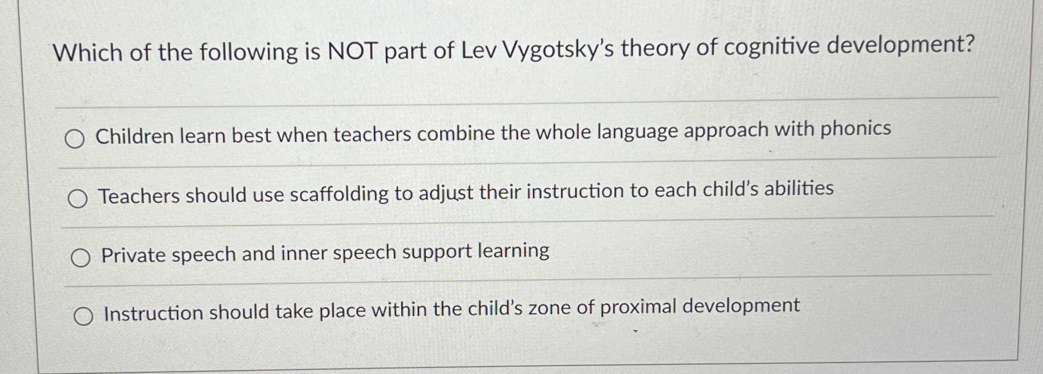 Solved Which of the following is NOT part of Lev Vygotsky's | Chegg.com