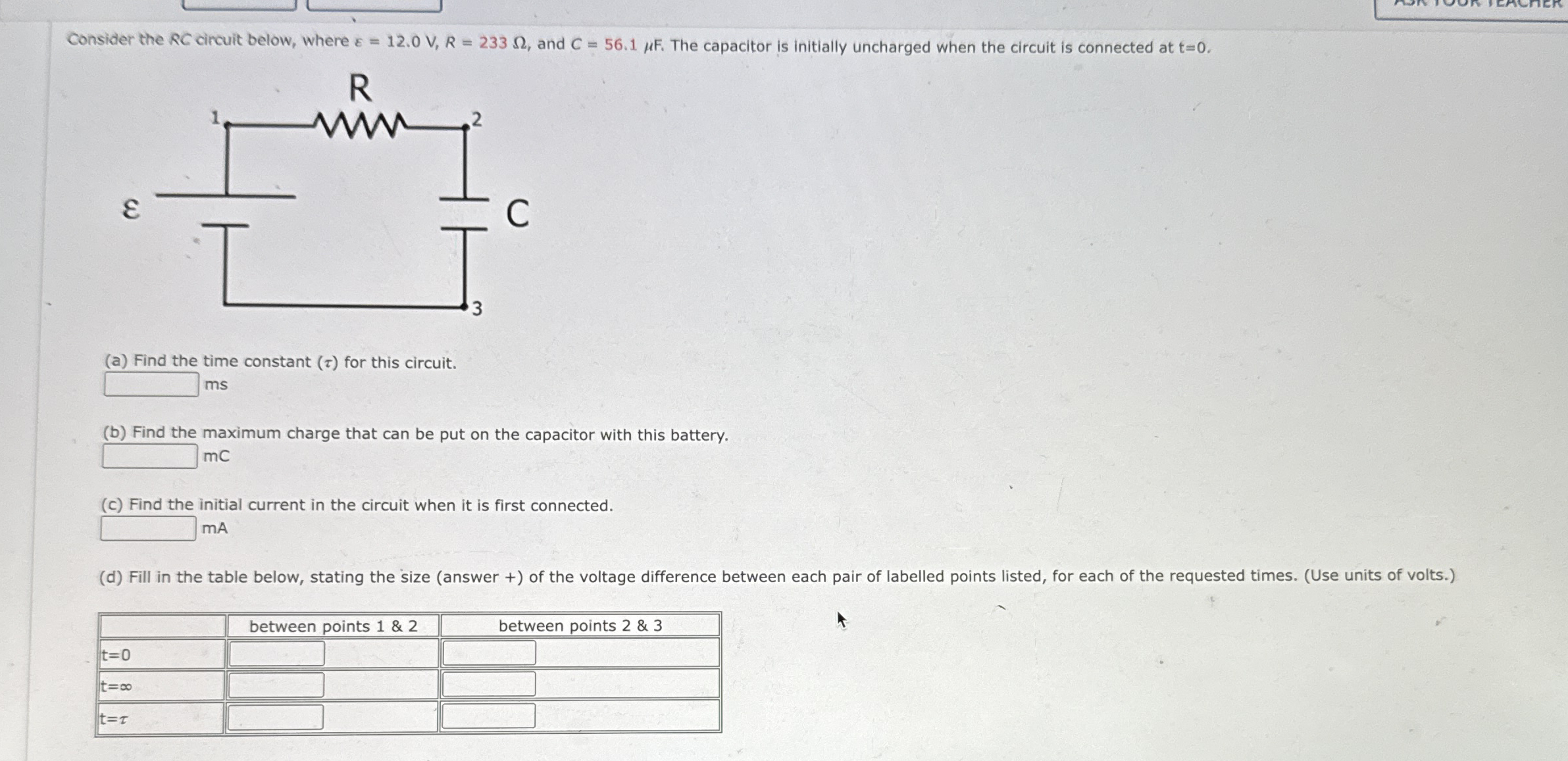 Solved Consider the RC circuit below, where ε=12.0V,R=233Ω, | Chegg.com