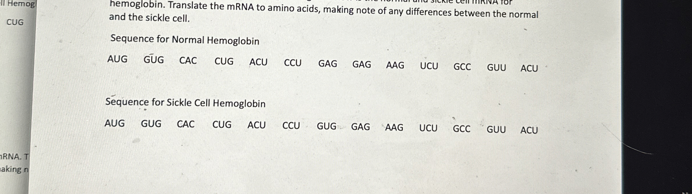 Solved Hemoghemoglobin. Translate the mRNA to amino acids, | Chegg.com