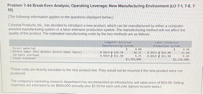 Solved Problem 7-44 Break-Even Analysis; Operating Leverage; | Chegg.com