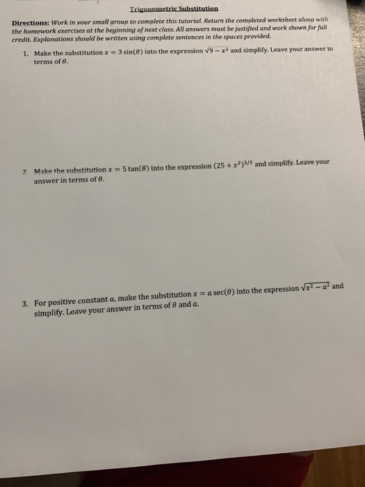 Solved Trigonometric Substitution Directions: Work in your | Chegg.com