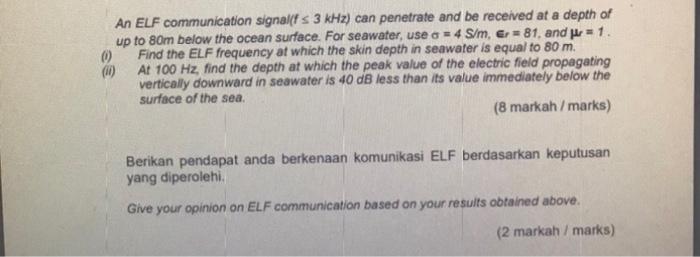 Solved (6 An ELF communication signalſts 3 kHz) can | Chegg.com