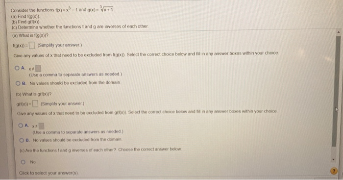 Solved Consider the functions f(x)= x3 - 1 and g(x)=x+1) (a) | Chegg.com