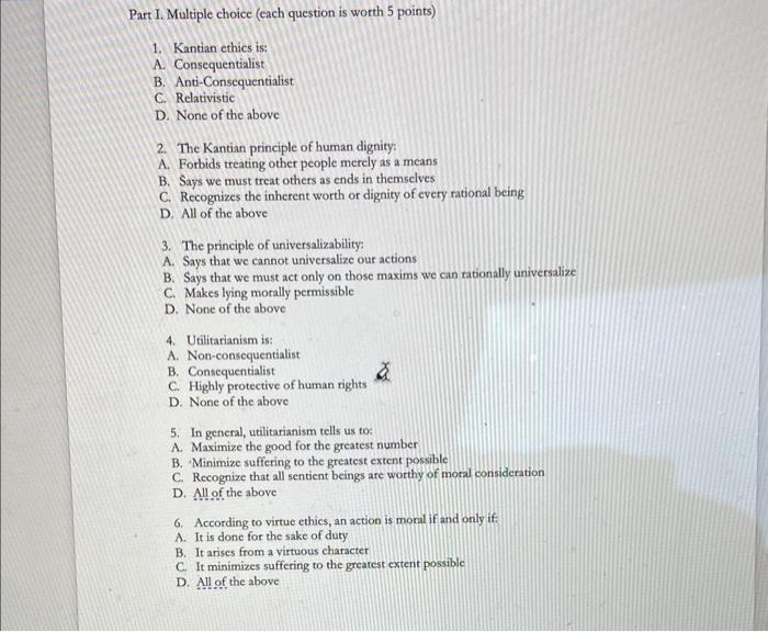Solved Part I. Multiple choice (each question is worth 5 | Chegg.com