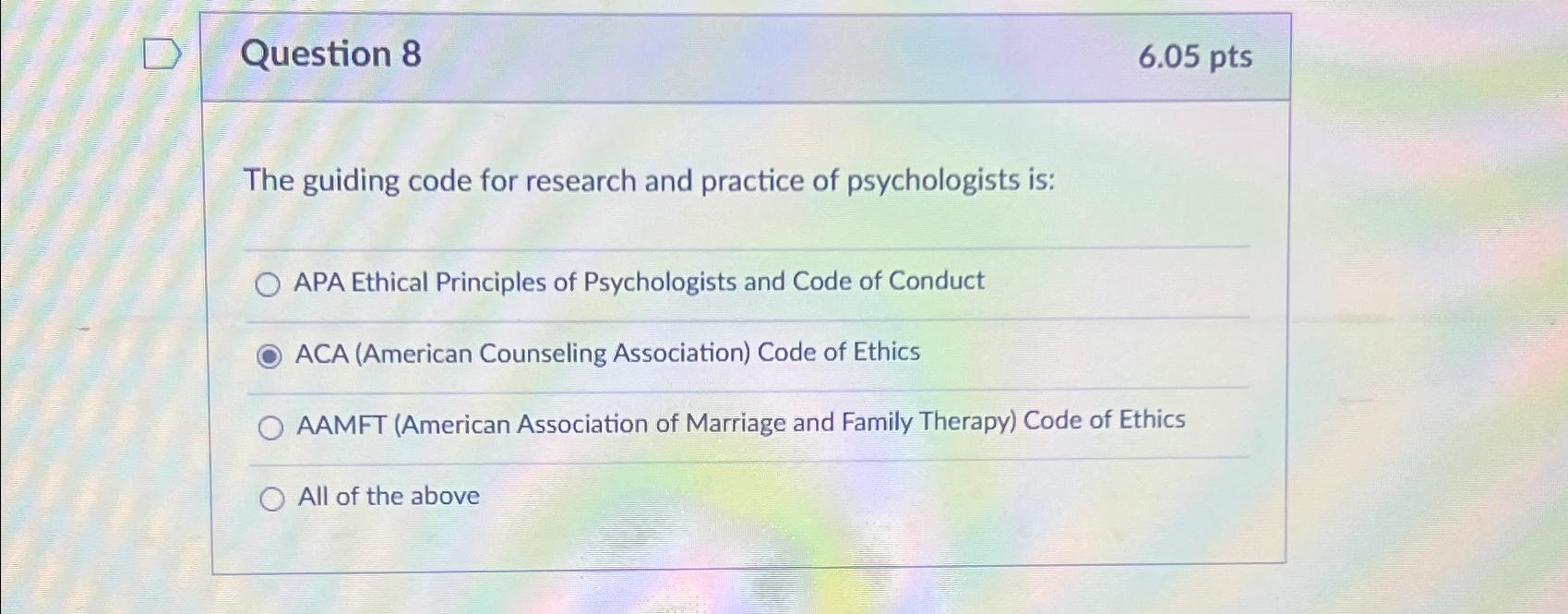 Solved Question 86.05ptsThe guiding code for research and | Chegg.com