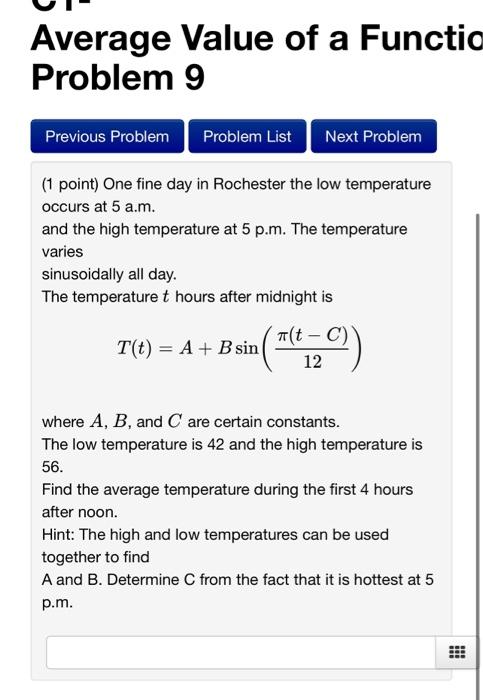 Solved Average Value of a Functic Problem 9 (1 point) One | Chegg.com