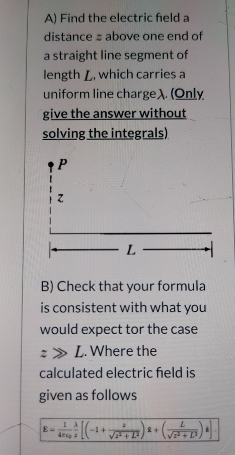 Solved A) Find the electric field a distance above one end | Chegg.com