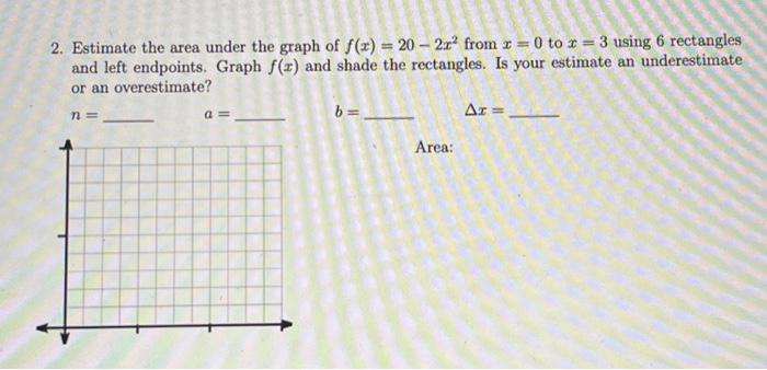 Solved 2. Estimate the area under the graph of f(x)=20−2x2 | Chegg.com