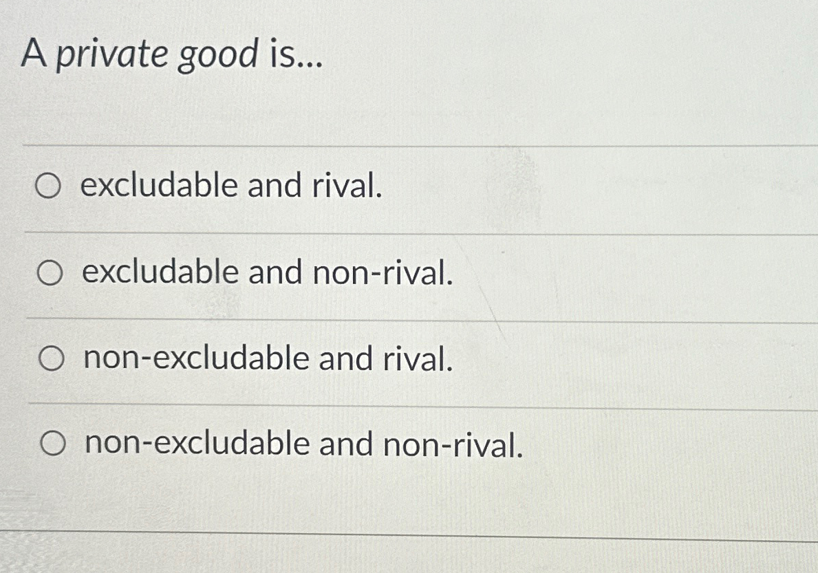 Solved A private good is...excludable and rival.excludable | Chegg.com