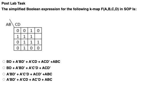 Solved Post Lab Task The Simplified Boolean Expression For