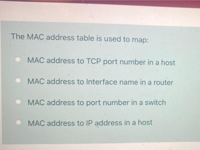 Solved The MAC address table is used to map: MAC address to | Chegg.com