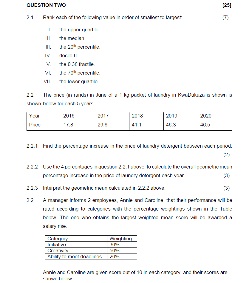 Solved QUESTION TWO2.1 ﻿Rank each of the following value in | Chegg.com