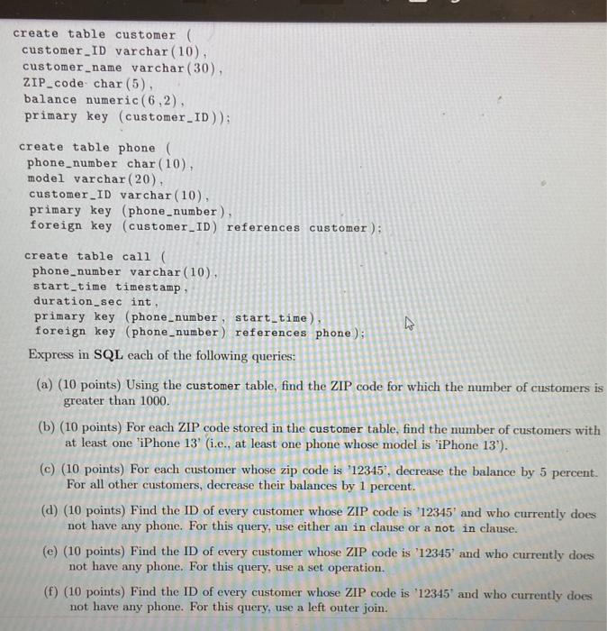 Solved create table customer ( customer_ID varchar(10) | Chegg.com