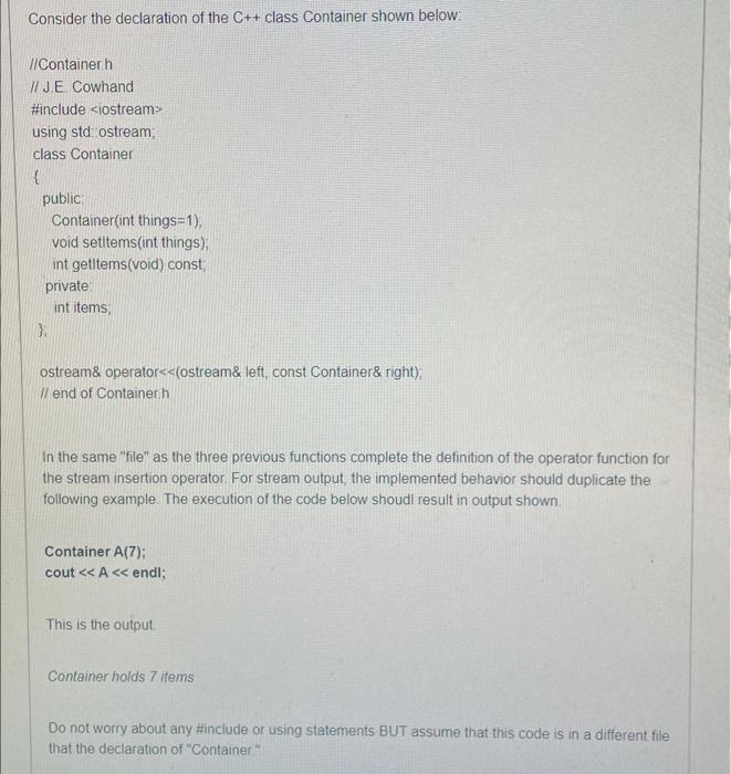 Solved Consider the declaration of the C++ class Container | Chegg.com