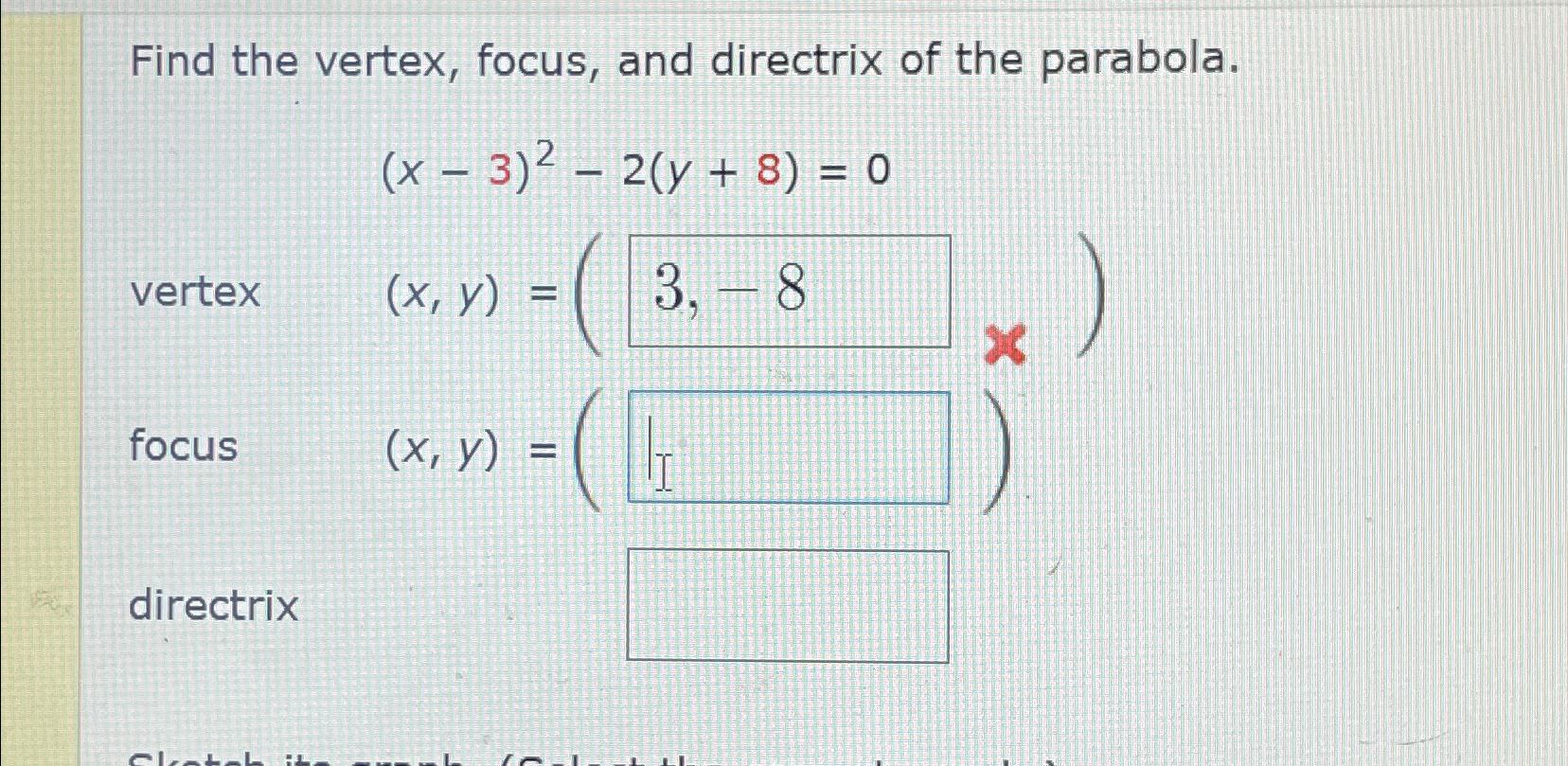 Solved Find the vertex, focus, and directrix of the | Chegg.com