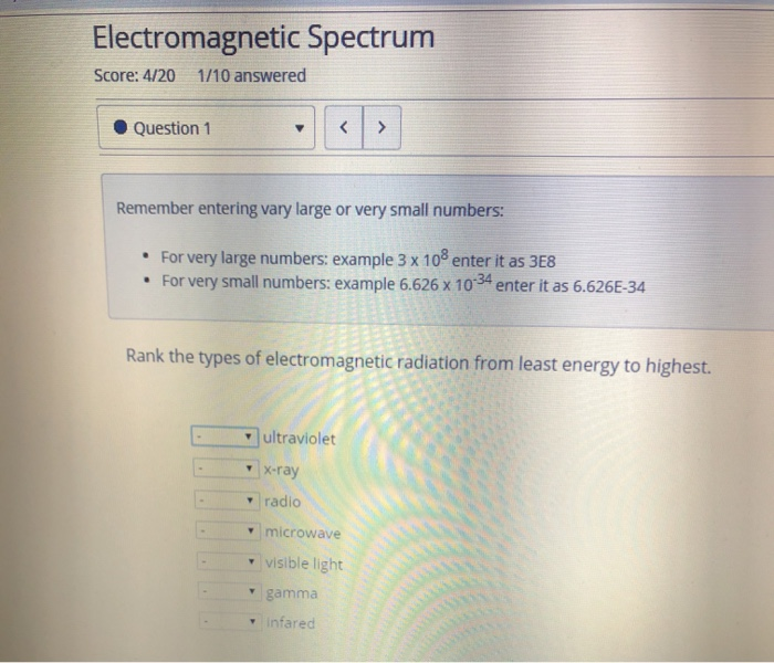 Solved Electromagnetic Spectrum Score: 4/20 1/10 answered | Chegg.com