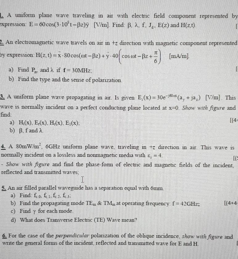 Solved A uniform plane wave traveling in air with electric | Chegg.com