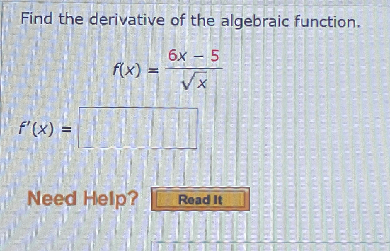 Solved Find the derivative of the algebraic | Chegg.com