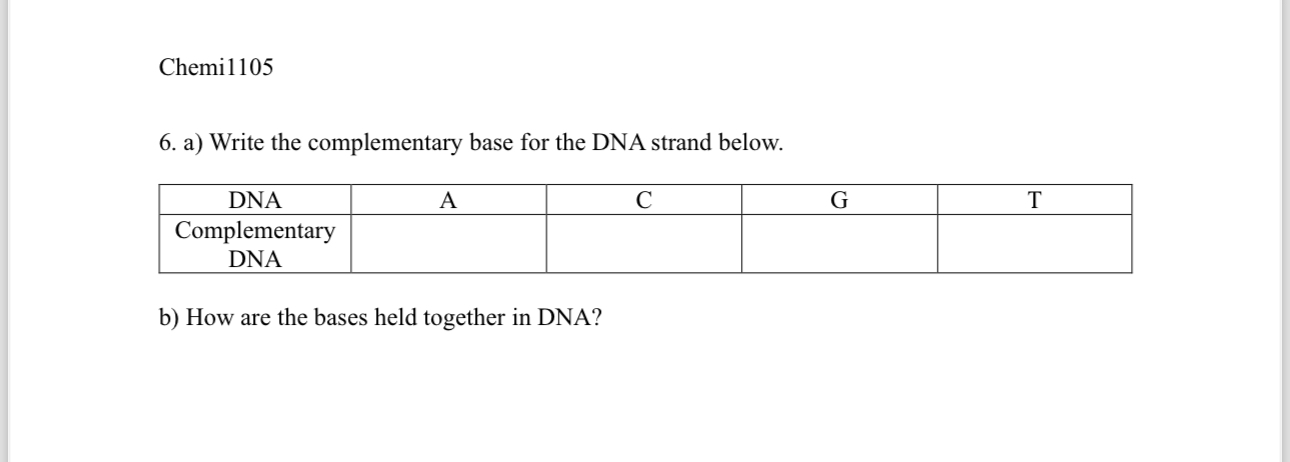 Solved Chemi1105a) ﻿Write the complementary base for the DNA | Chegg.com