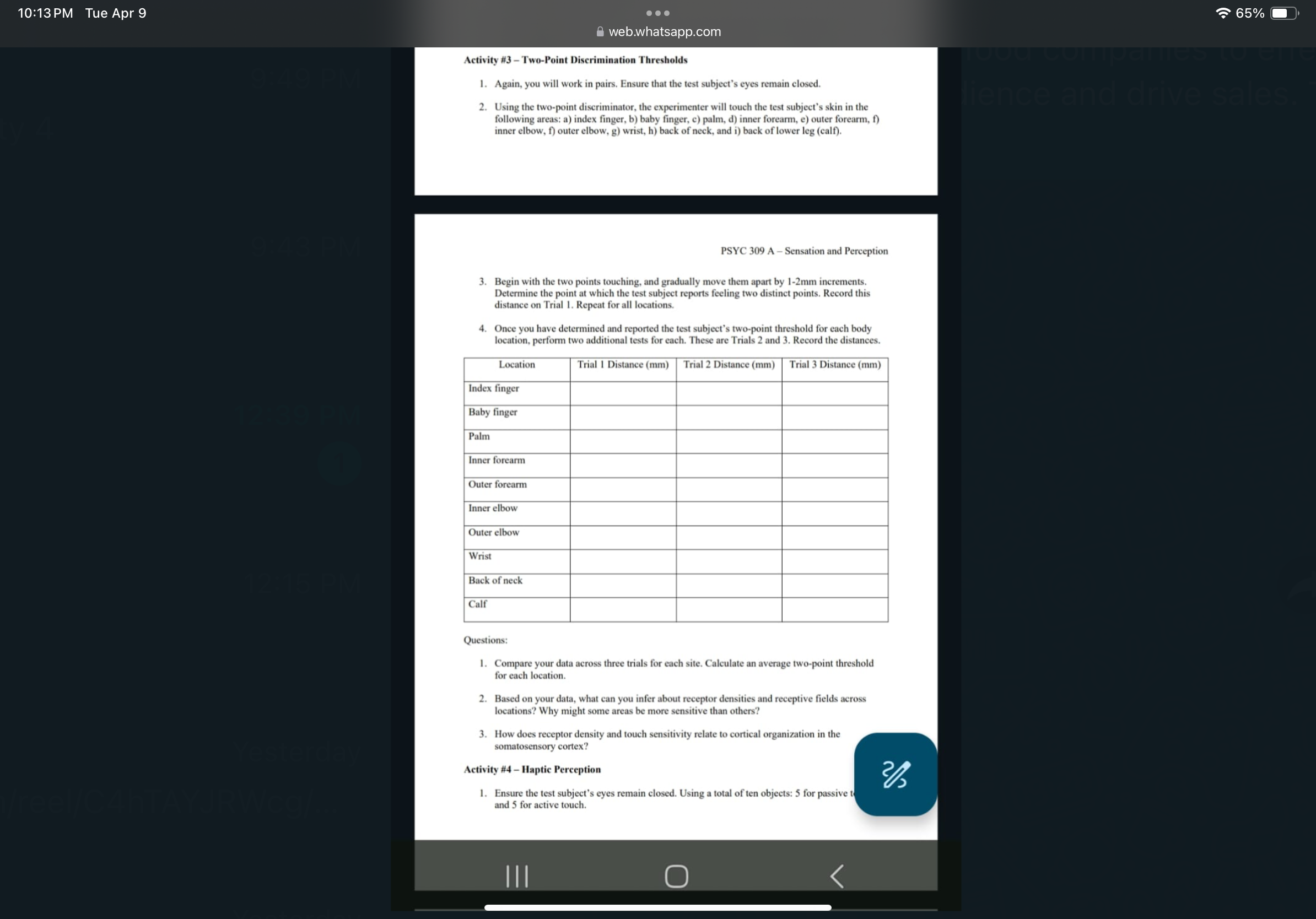 Solved Activity #3 - ﻿Two-Point Discrimination | Chegg.com