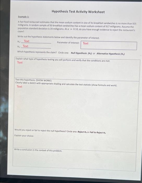 Solved Hypothesis Test Activity Worksheet Example 2: A used | Chegg.com