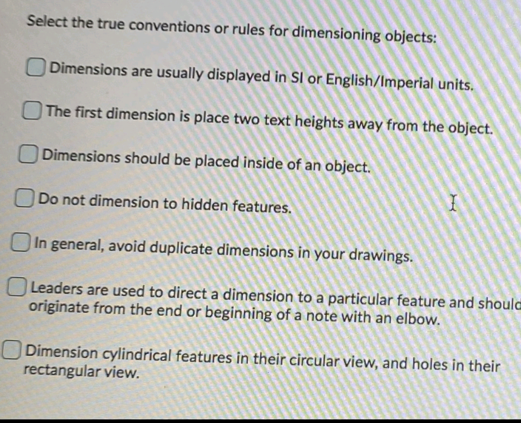 Solved Select the true conventions or rules for dimensioning | Chegg.com